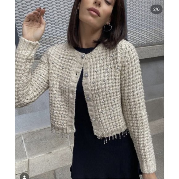 Zara | Sweaters | Zara New Woman Knit Cardigan With Beads Jewel Fringe ...